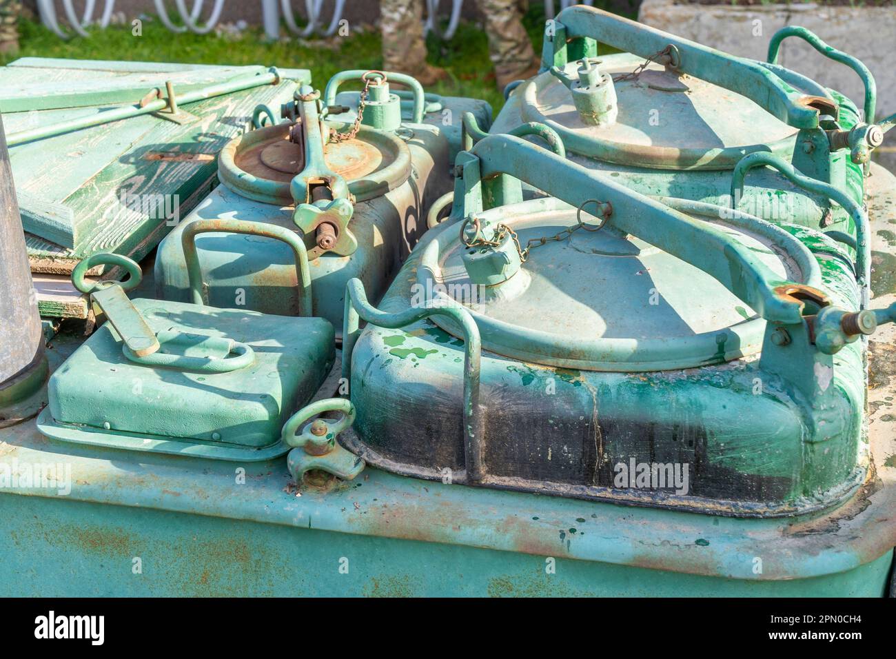 Military cuisine. Old, shabby, green, Soviet, mobile, military camp ...
