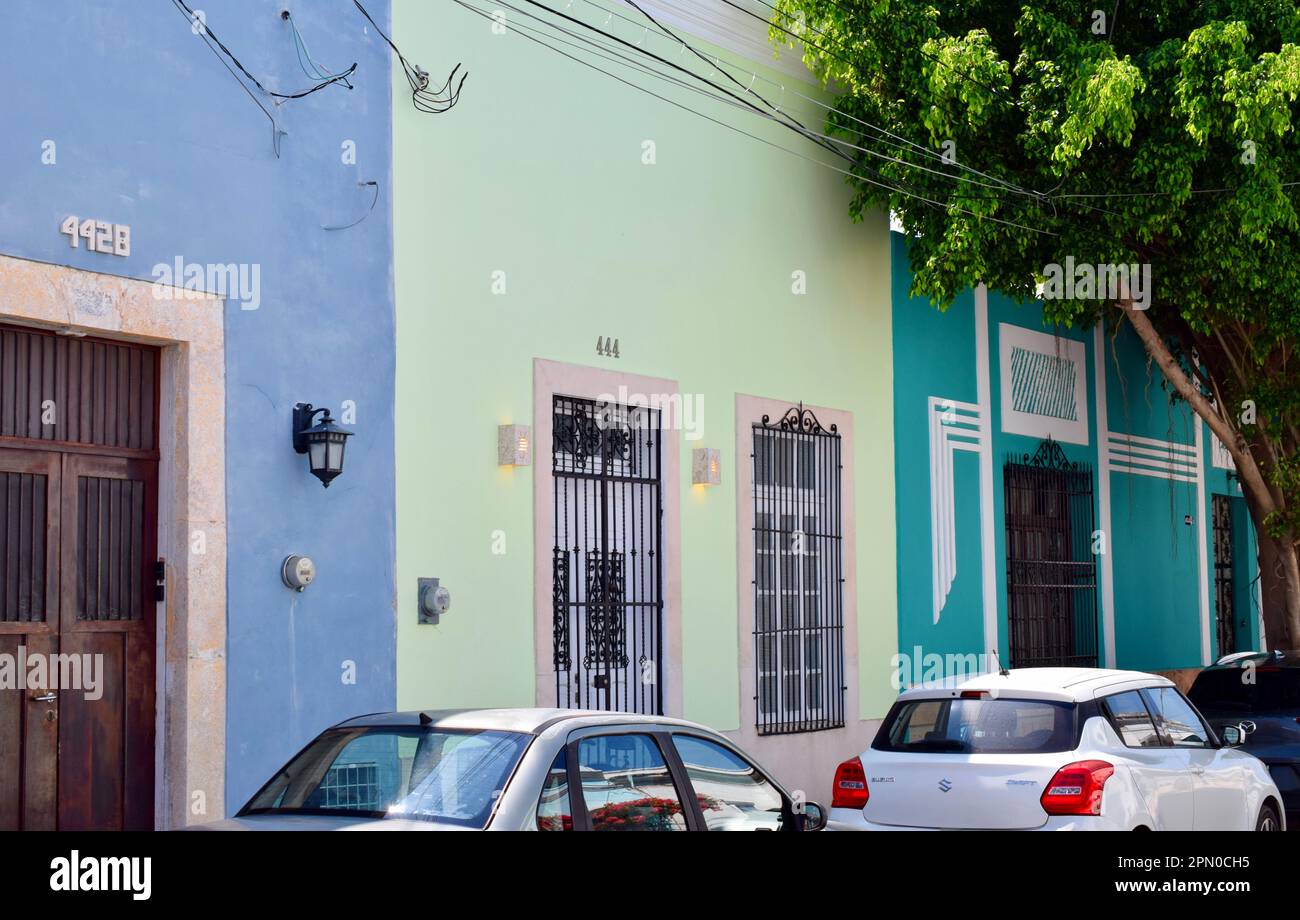 Colorful building facades in the historic city of Merida, Yucatan ...