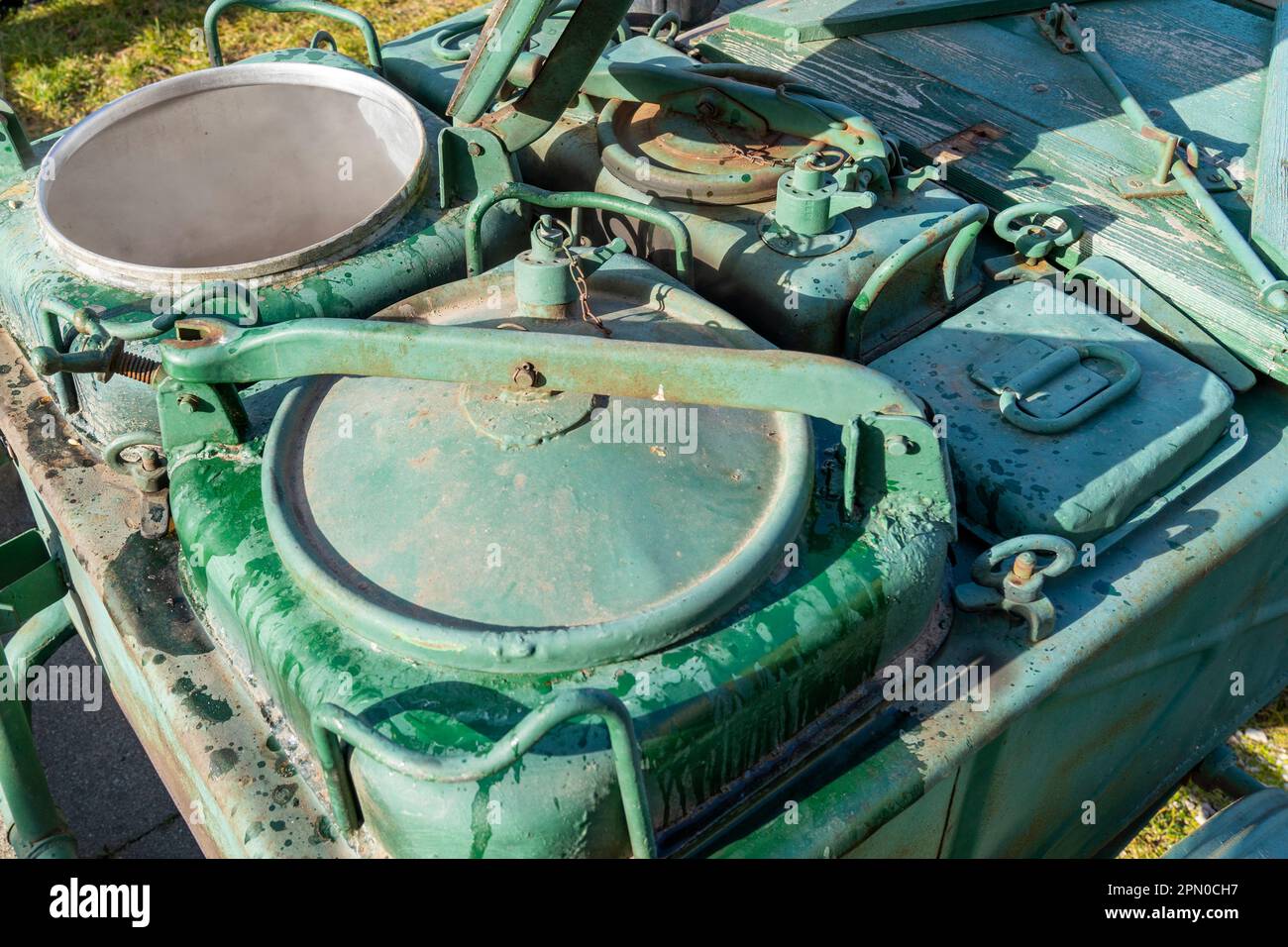 Military cuisine. Old, shabby, green, Soviet, mobile, military camp ...