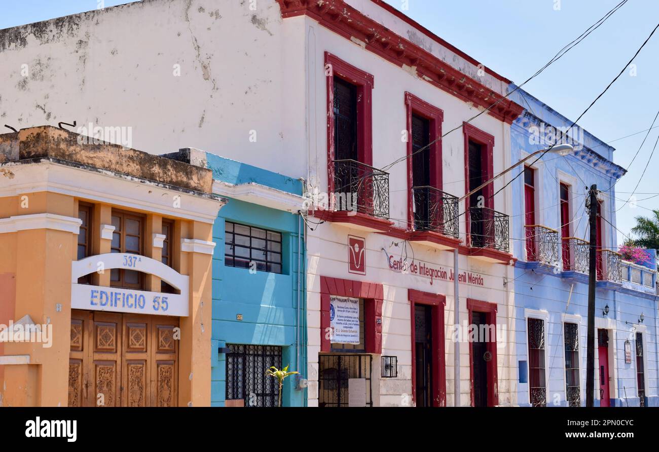 The colorful facades of buildings in the streets of Merida, Yucatan ...