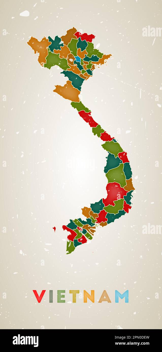 Vietnam map. Country poster with colored regions. Old grunge texture ...