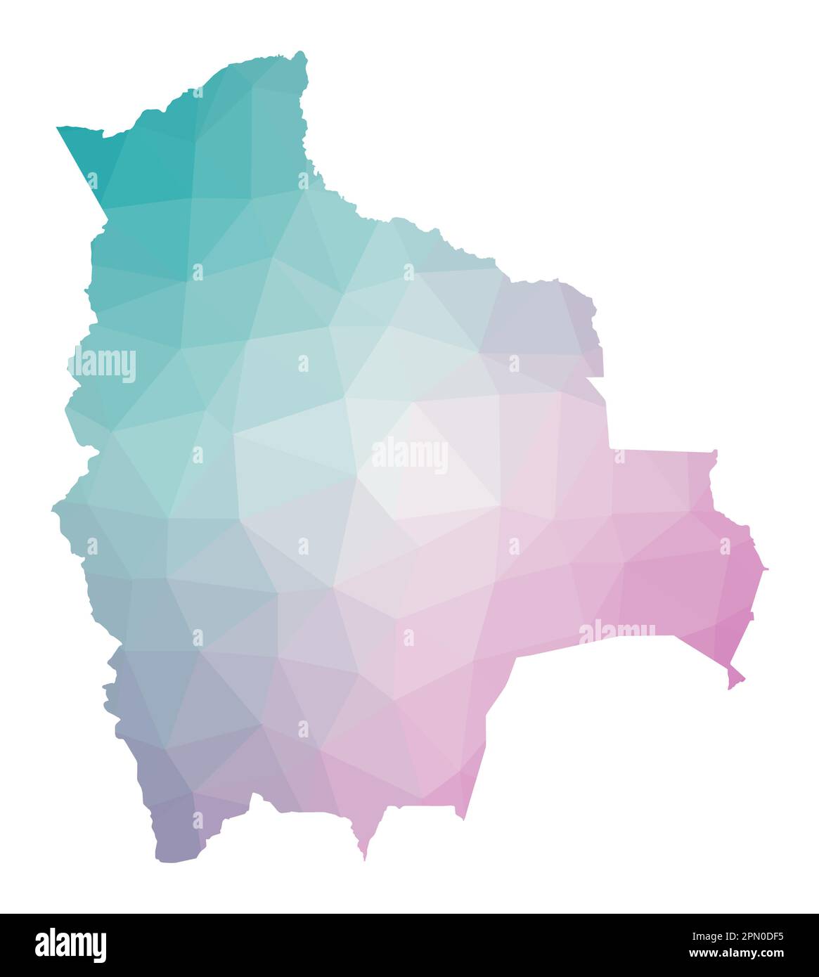 Polygonal map of Bolivia. Geometric illustration of the country in emerald and amethyst colors ...