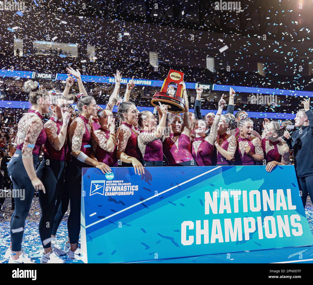 April 15 2023 The Oklahoma Womens Gymnastics Team Celebrates Their