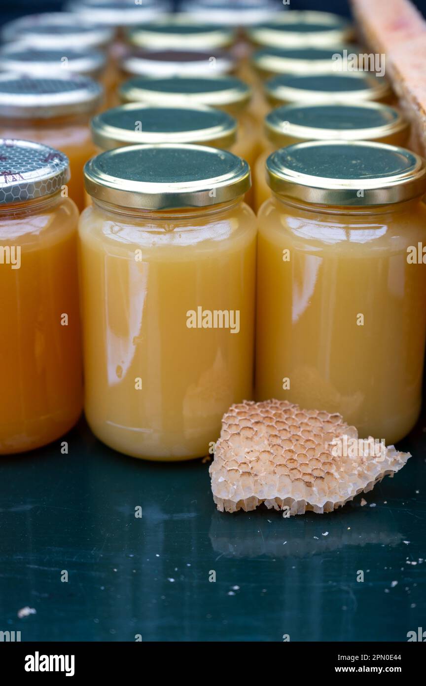 Organic honey from farm bee apiary on mountains meadows with summer ...