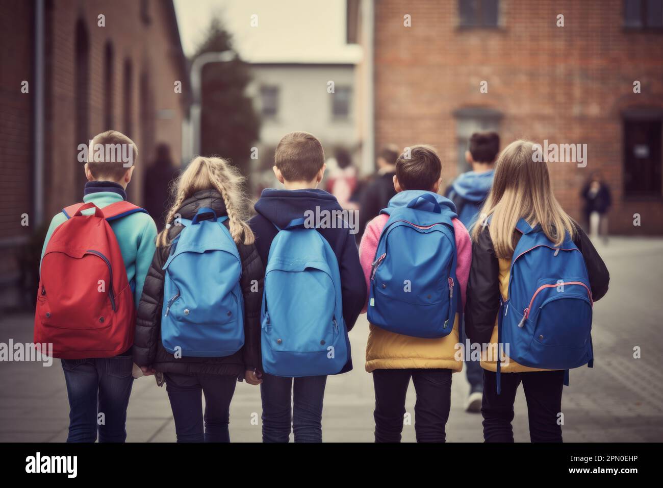 Back view of anonymous girls and boys with backpacks walking together ...