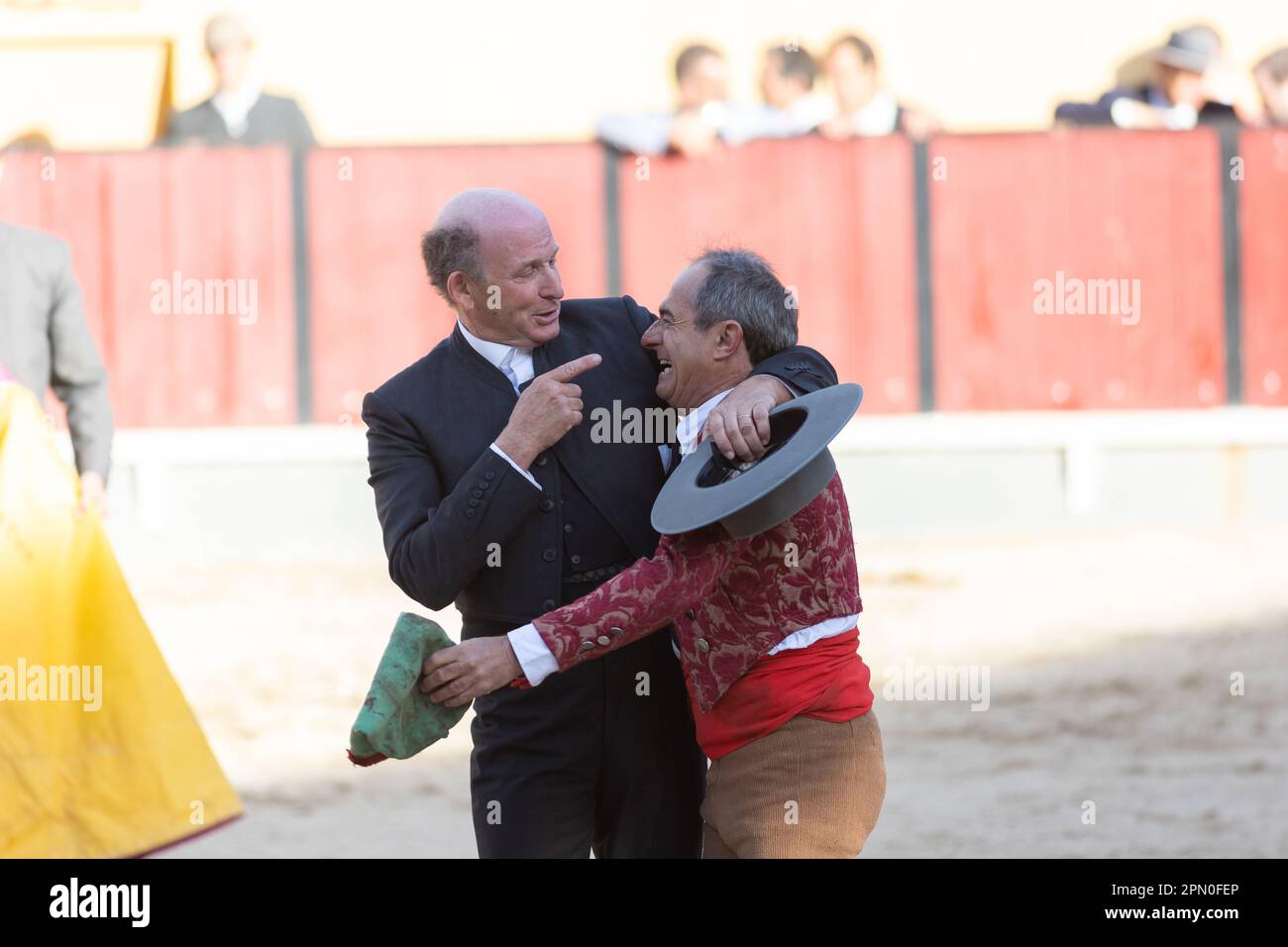 March 26, 2023 Lisbon, Portugal: Tourada - two elderly men forcado and ...
