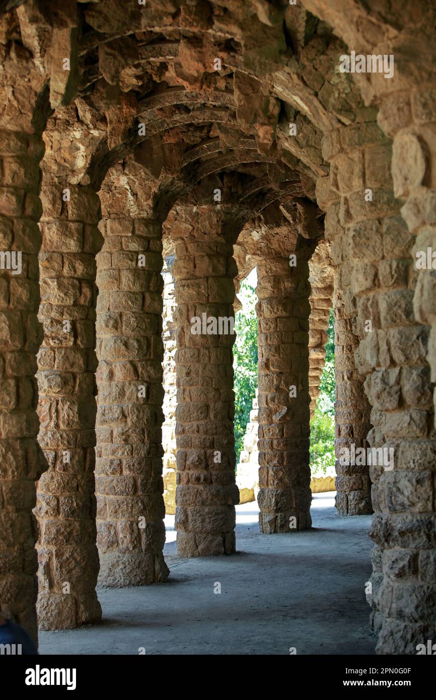 ancient arched gallery perspective, columns and vaults are made of ...