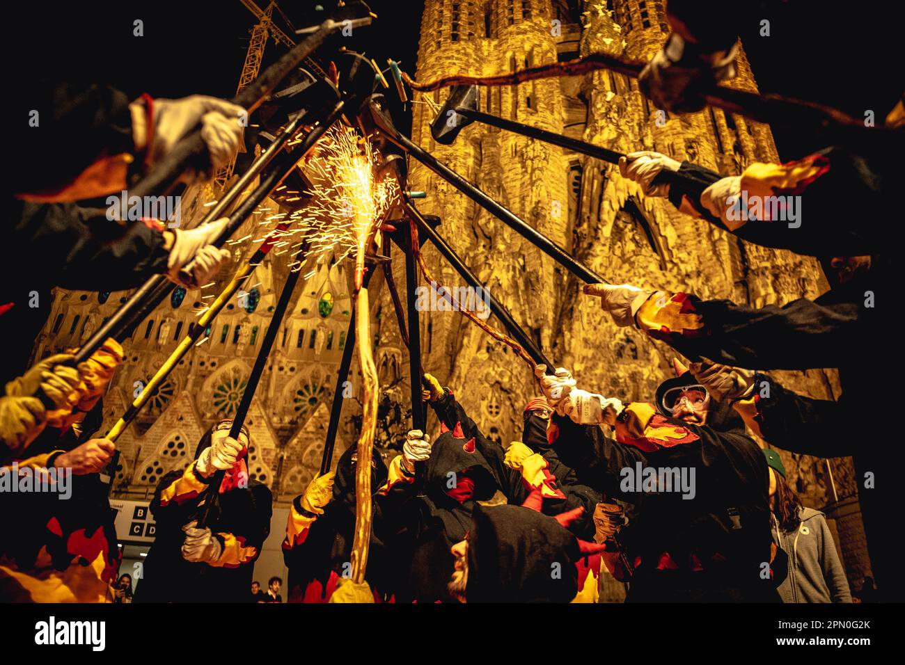Barcelona, Spain. 15th Apr, 2023. Fire runners in devil costumes gather ...