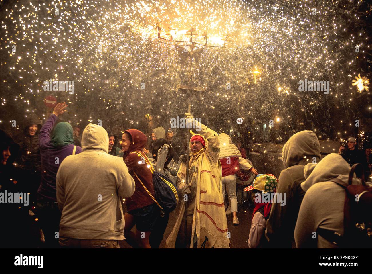Barcelona, Spain. 15th Apr, 2023. Fire runners in devil costumes dance ...
