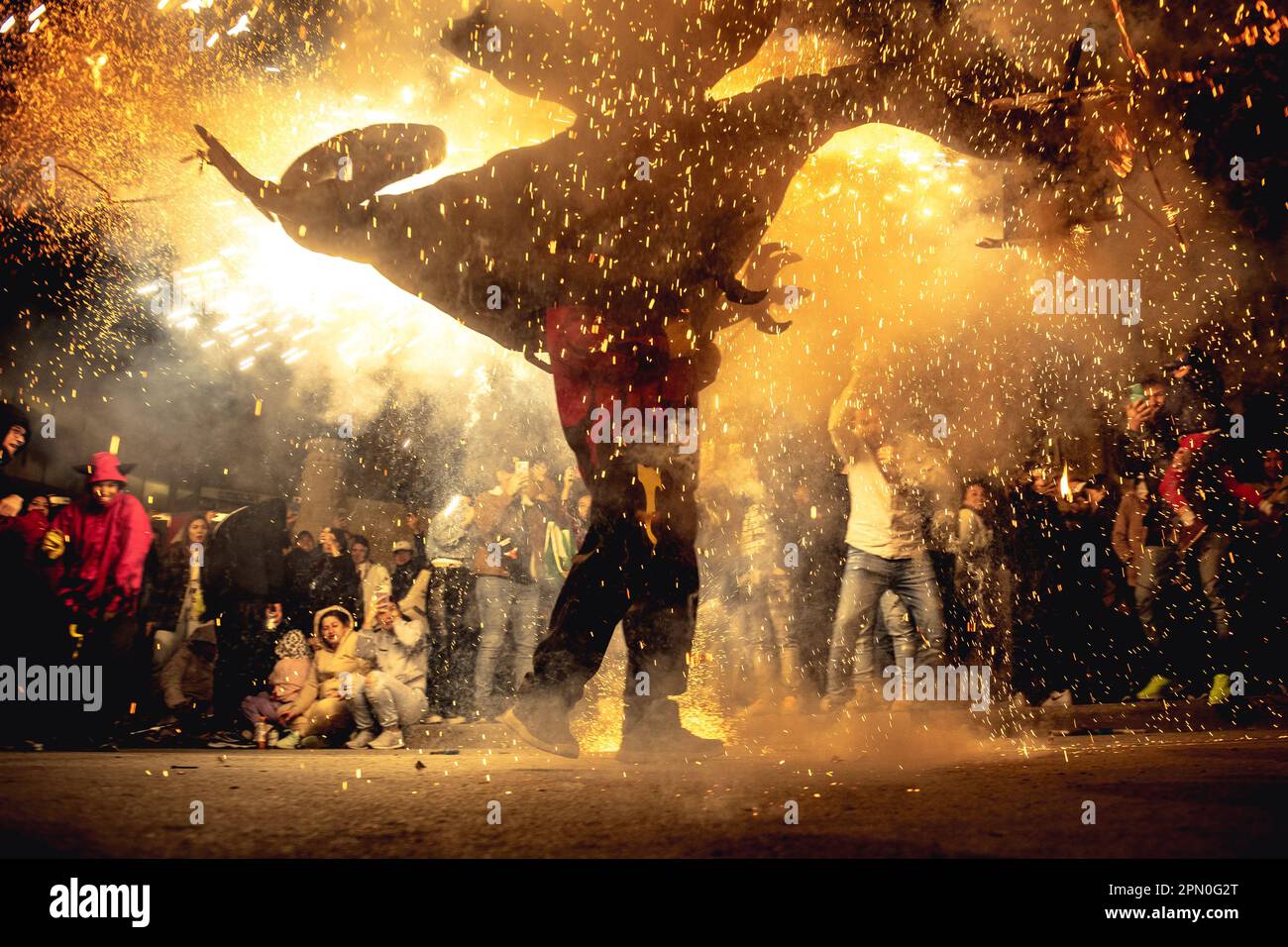 Barcelona, Spain. 15th Apr, 2023. A fire beast sets of its flying ...