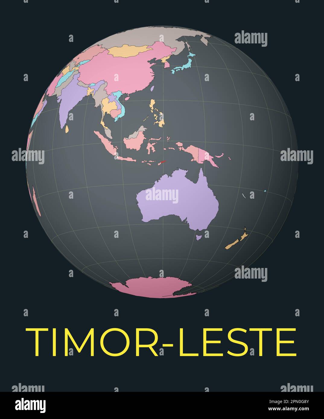 World map centered on Timor-Leste. Red country highlighted. Satellite ...
