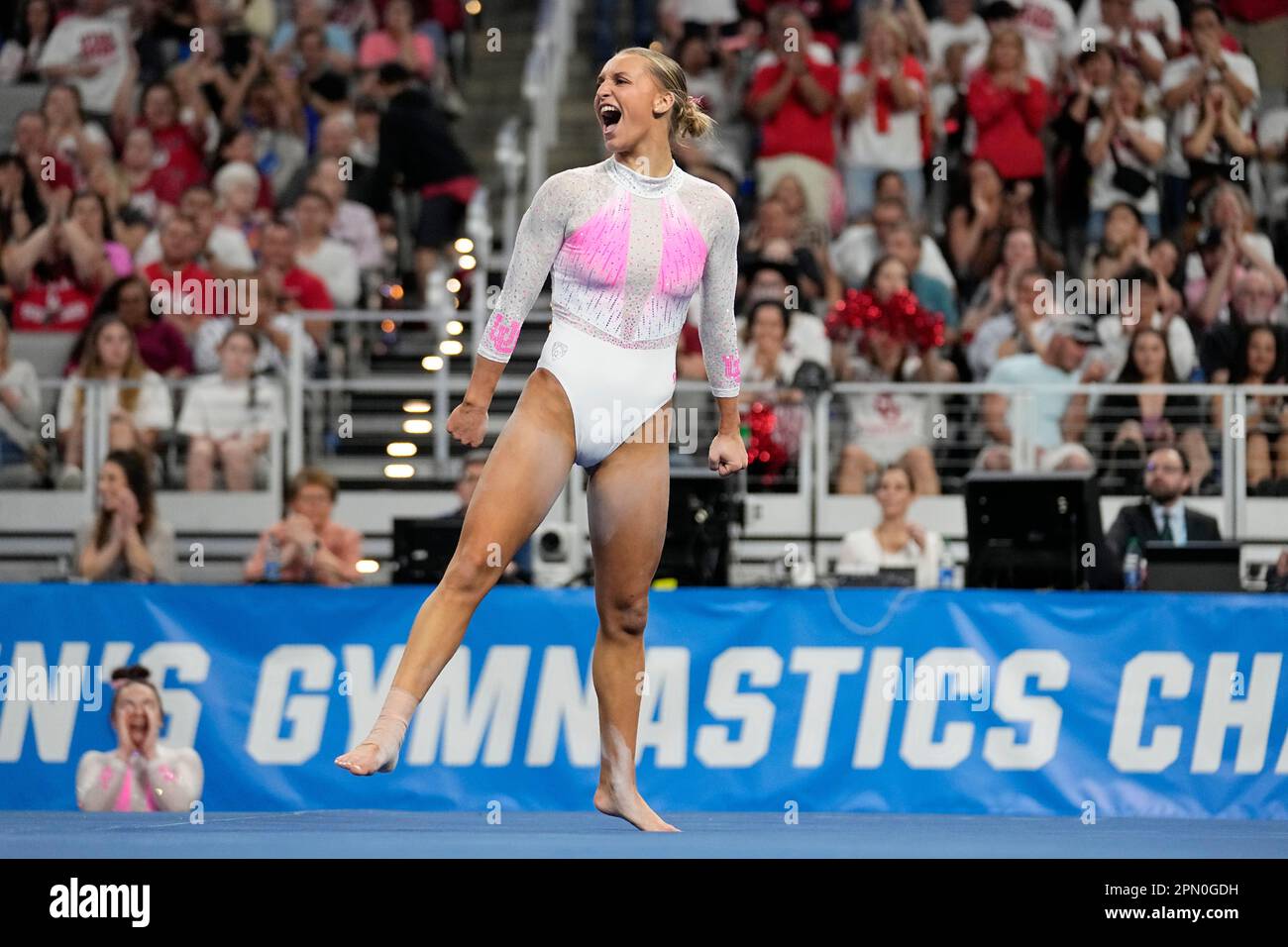 Utah's Abby Brenner celebrates after competing in the floor exercise ...