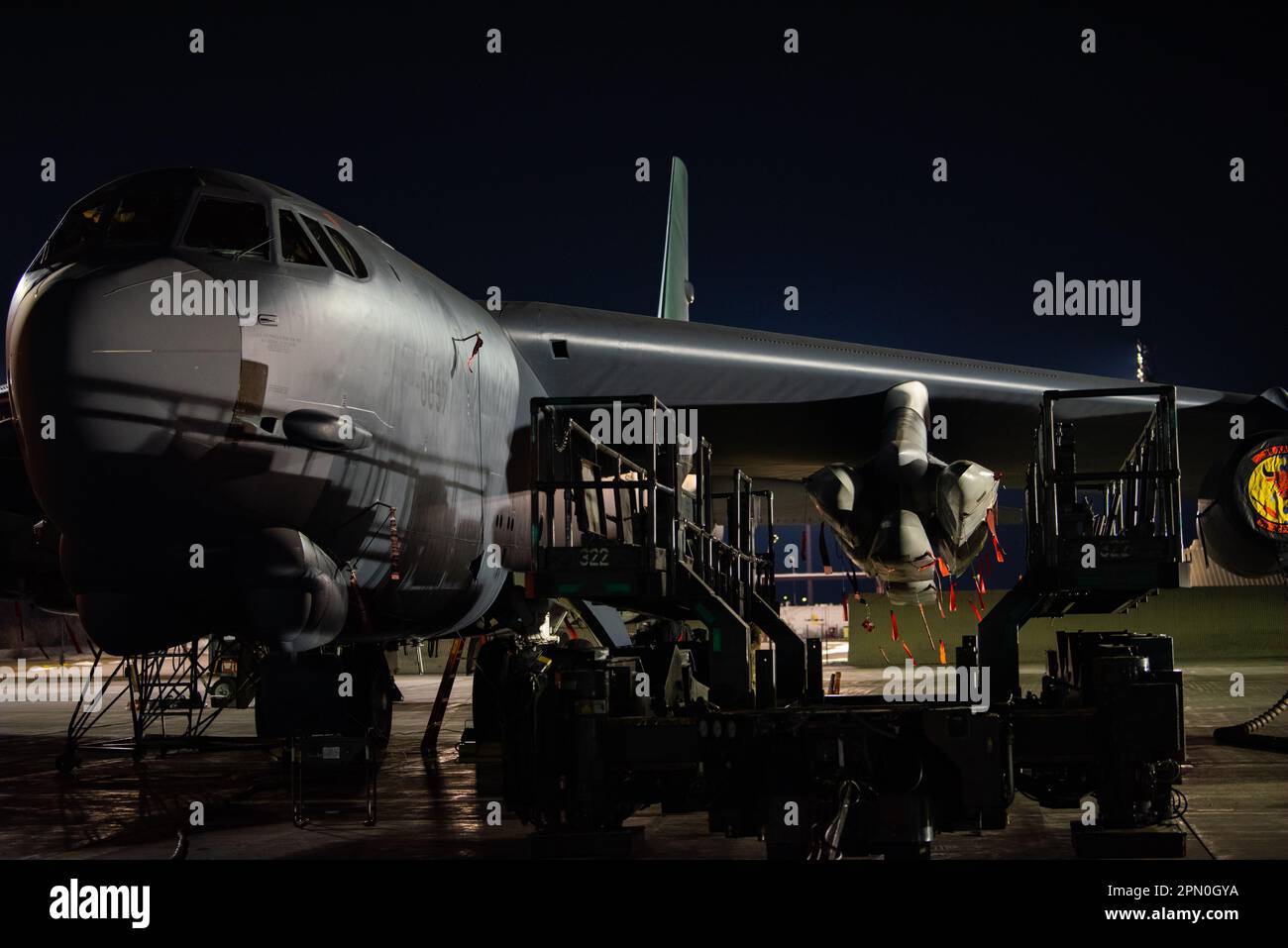 A B-52H Stratofortress sits parked on the main parking area during ...