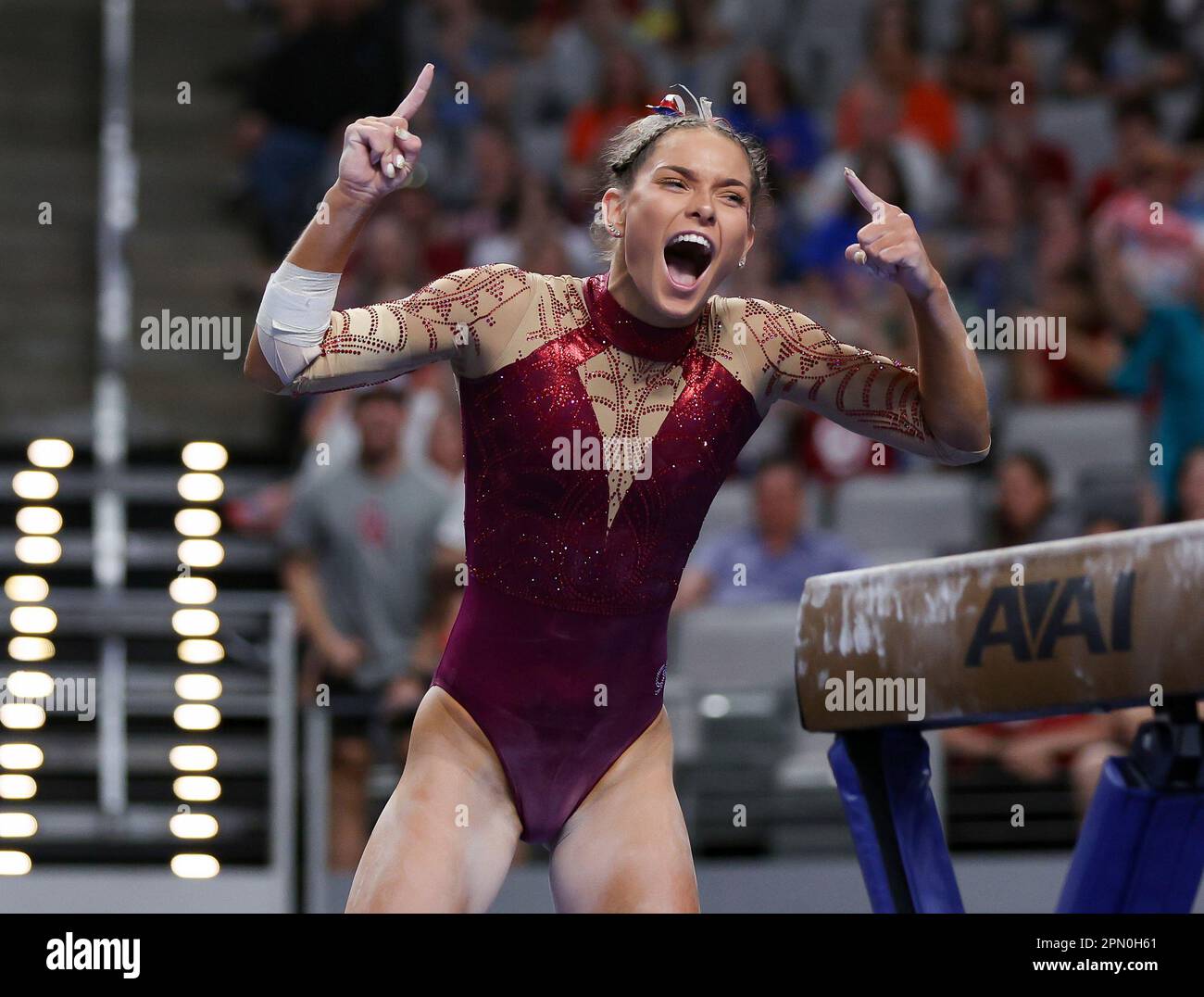 April 15, 2023: Oklahoma's Jordan Bowers celebrates after her beam ...
