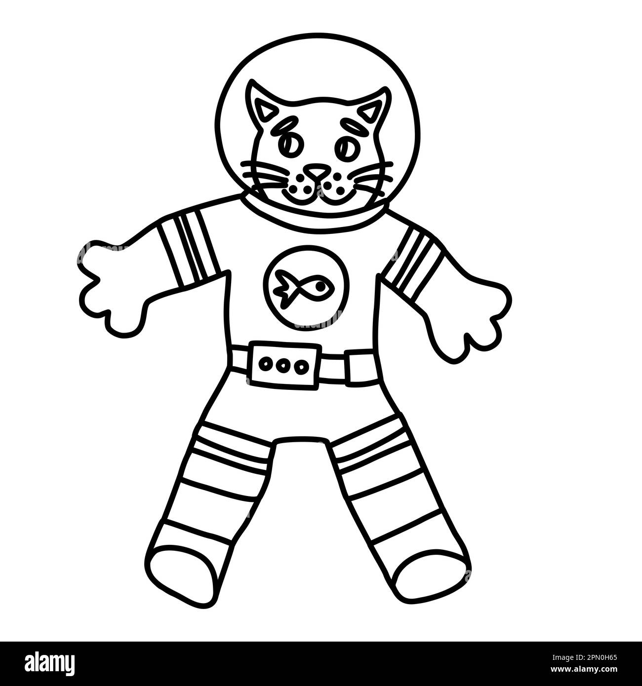 Cute cartoon style cat astronaut, doodle style flat vector outline ...