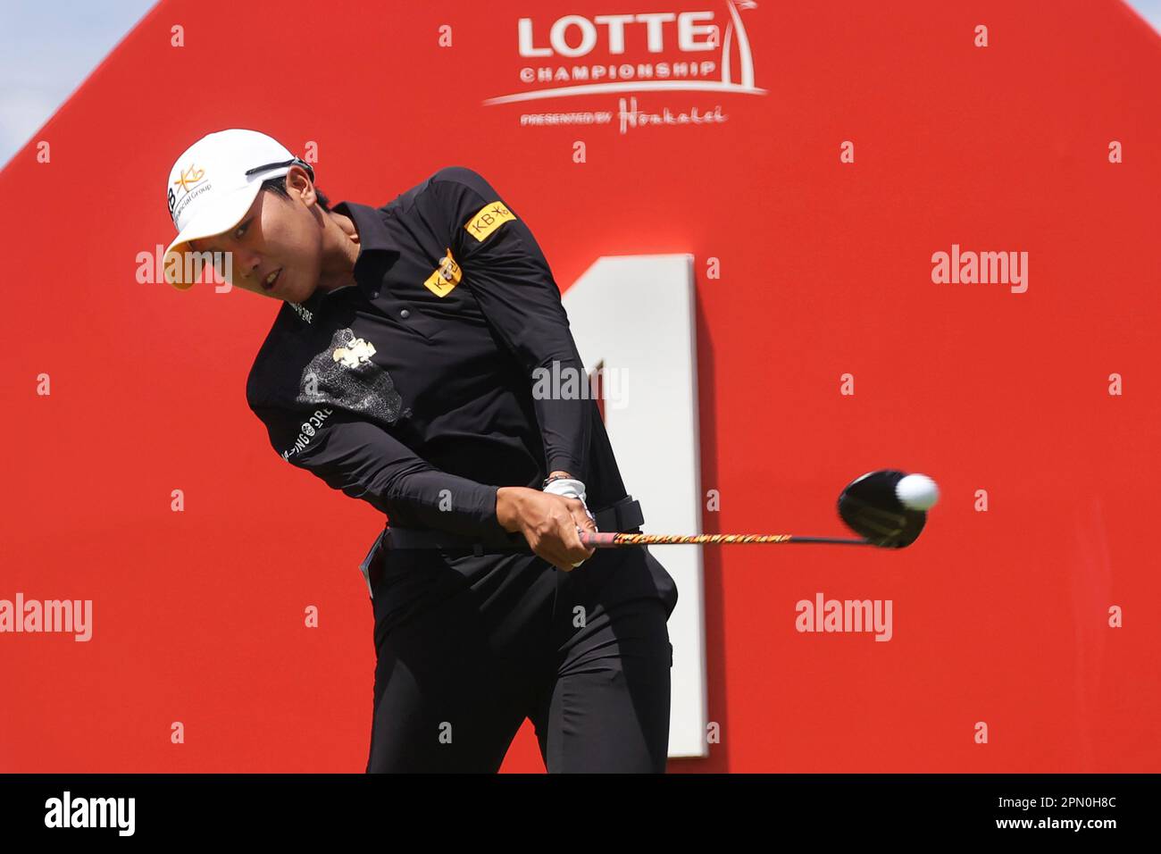 Natthakritta Vongtaveelap, of Thailand, drives on the first tee during the final round of an ...