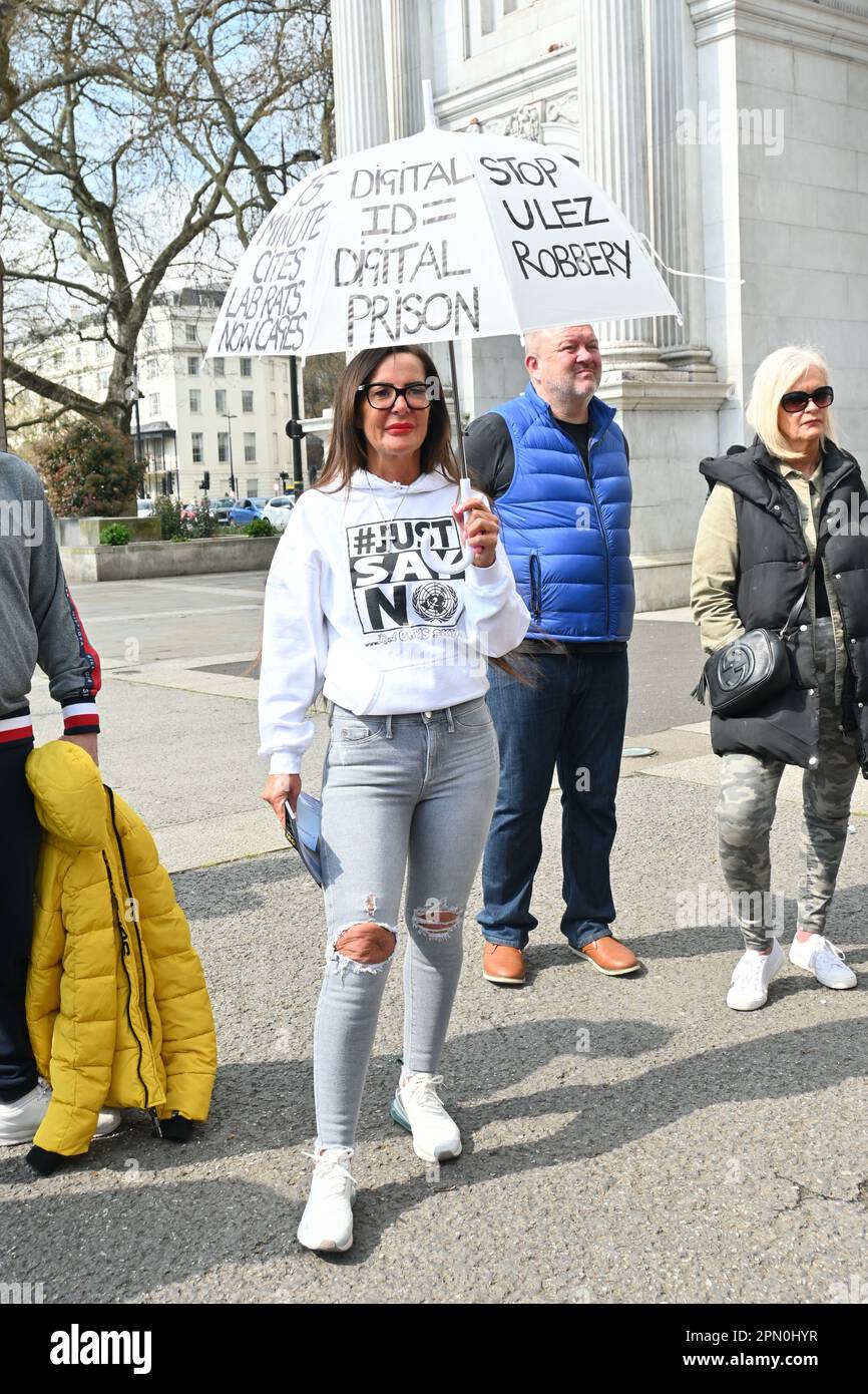London, UK. 2023-04-15. Protest against Cashless society, ULEZ, No to ...
