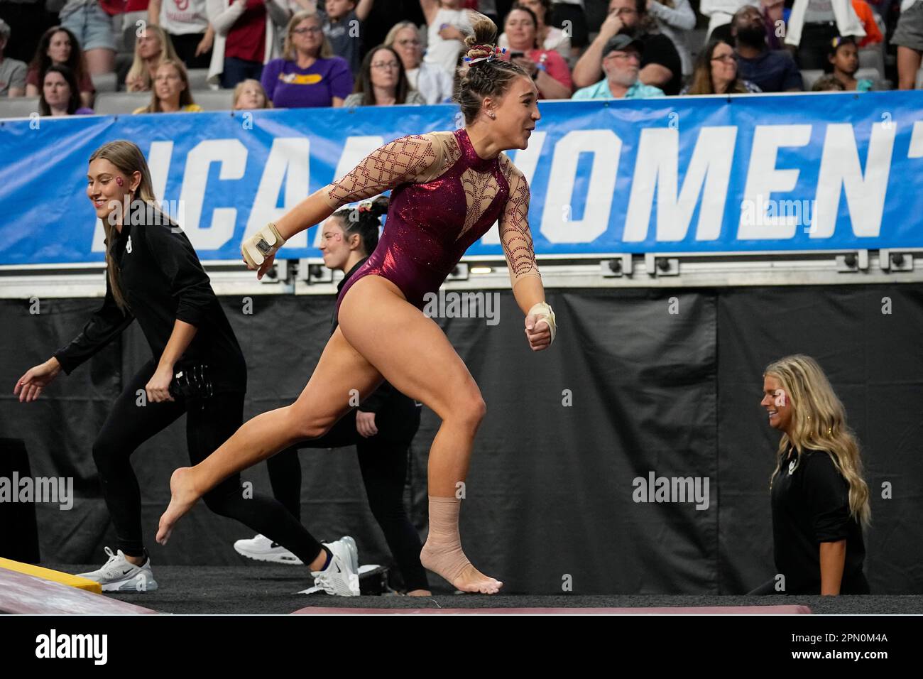 Oklahoma's Danielle Sievers celebrates after competing in the vault ...