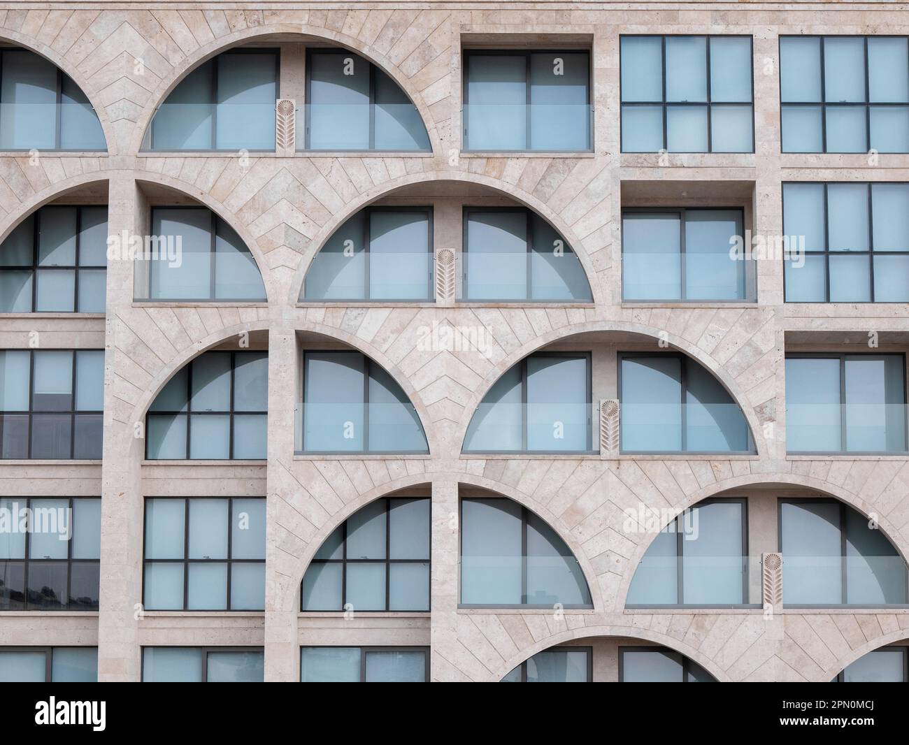 Yerevan, Armenia - 27 March 2023: Geometric facade of the modern tuff ...