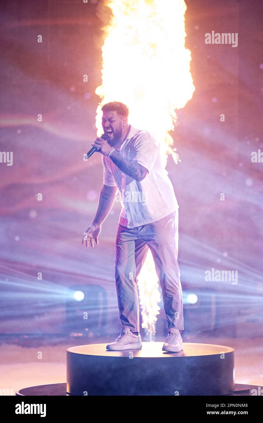 Cologne, Germany. 15th Apr, 2023. Candidate Sem Eisinger is on stage at ...