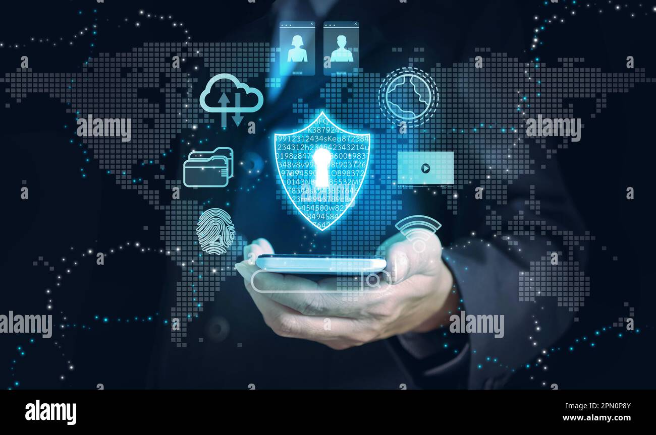 Securely Exploring the Global Digital World: Businessman's Hand Holds ...
