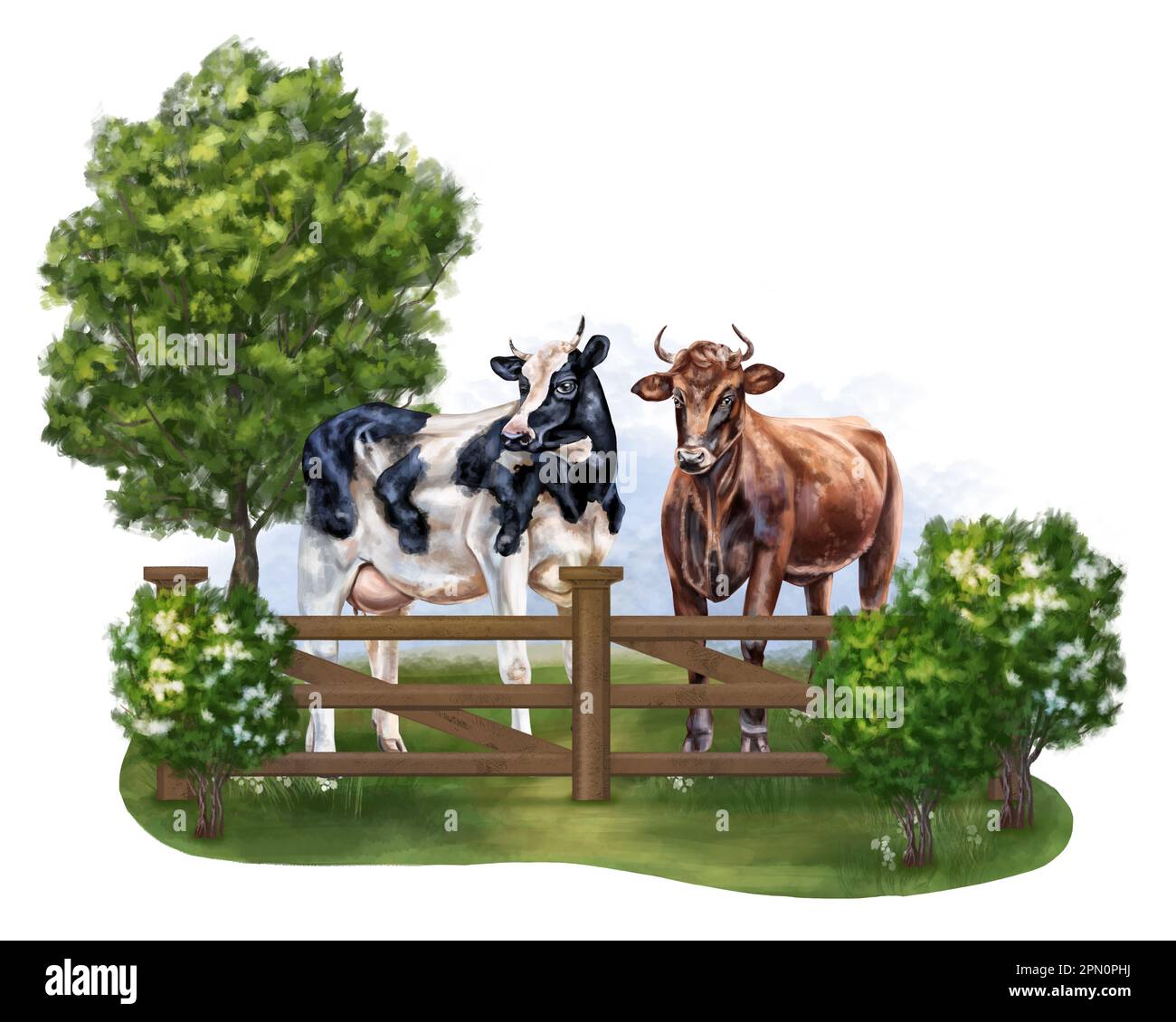 A composition depicting farm animals in a meadow among nature, in the ...