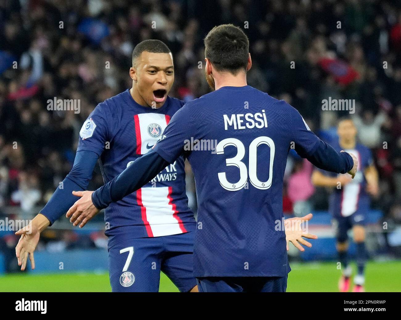 Paris, France. 15th Apr, 2023. Paris Saint Germain's Kylian Mbappe (L ...