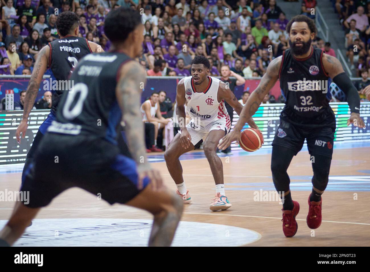 Franca, Brazil. 15th Apr, 2023. Flamengo's Guilherme Deodato (center ...