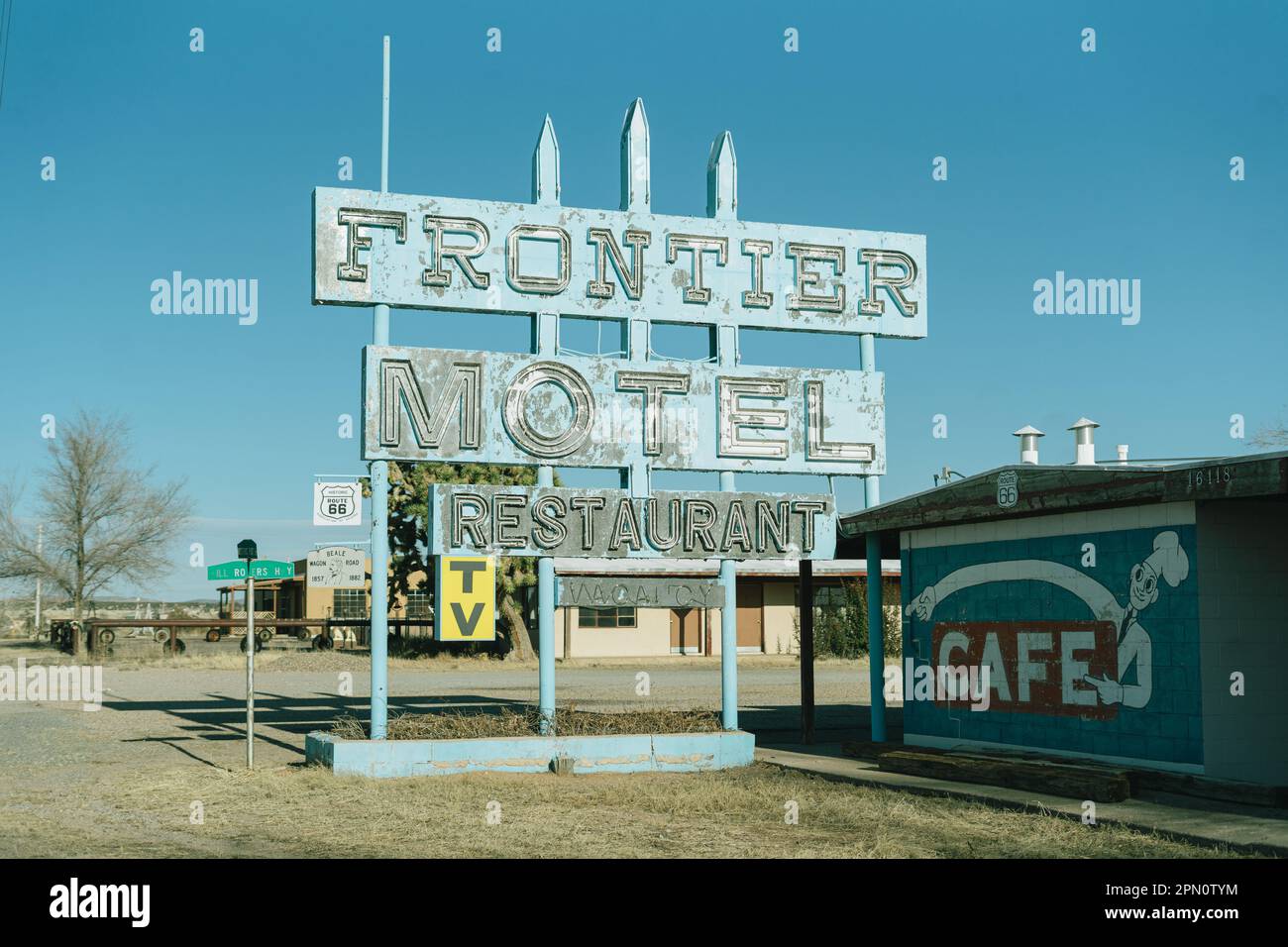 Frontier Motel vintage sign on Route 66, Truxton, Arizona Stock Photo ...