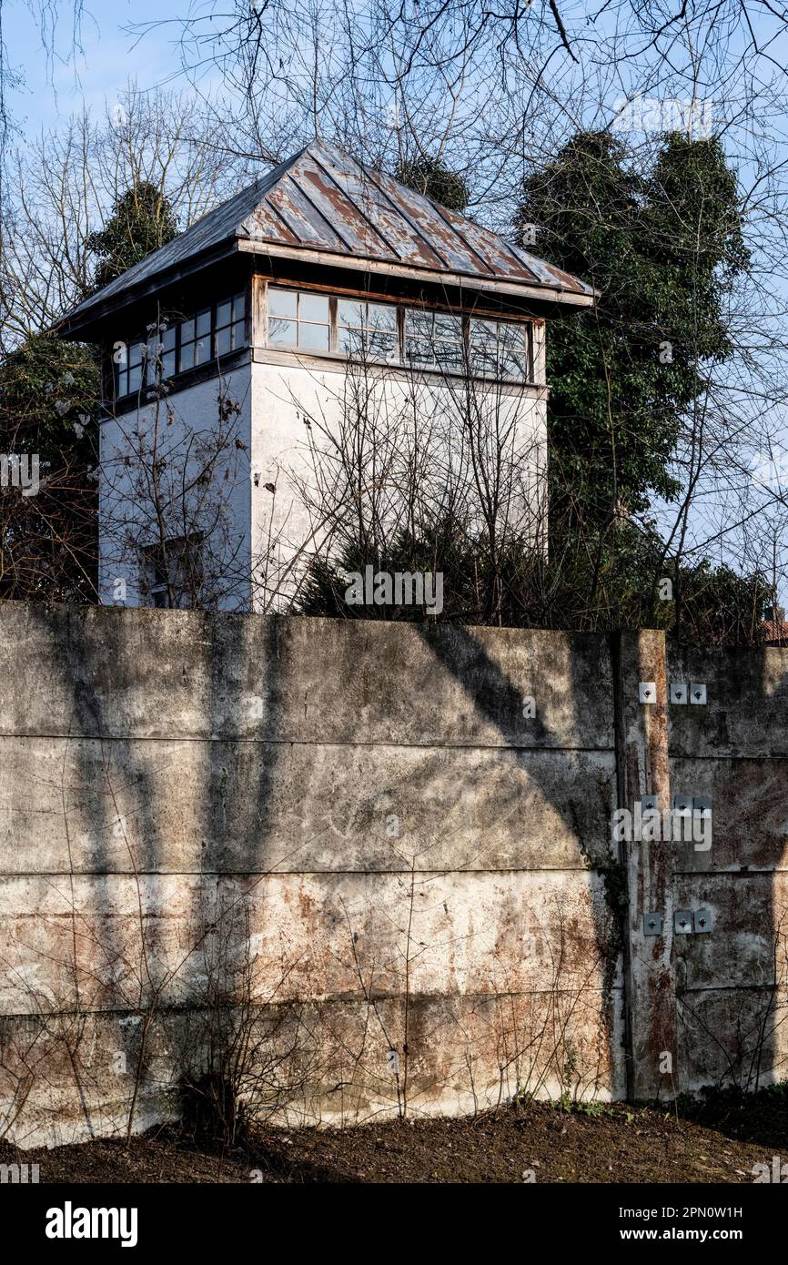 view of a guard tower at Dachau concentration camp from outside the ...
