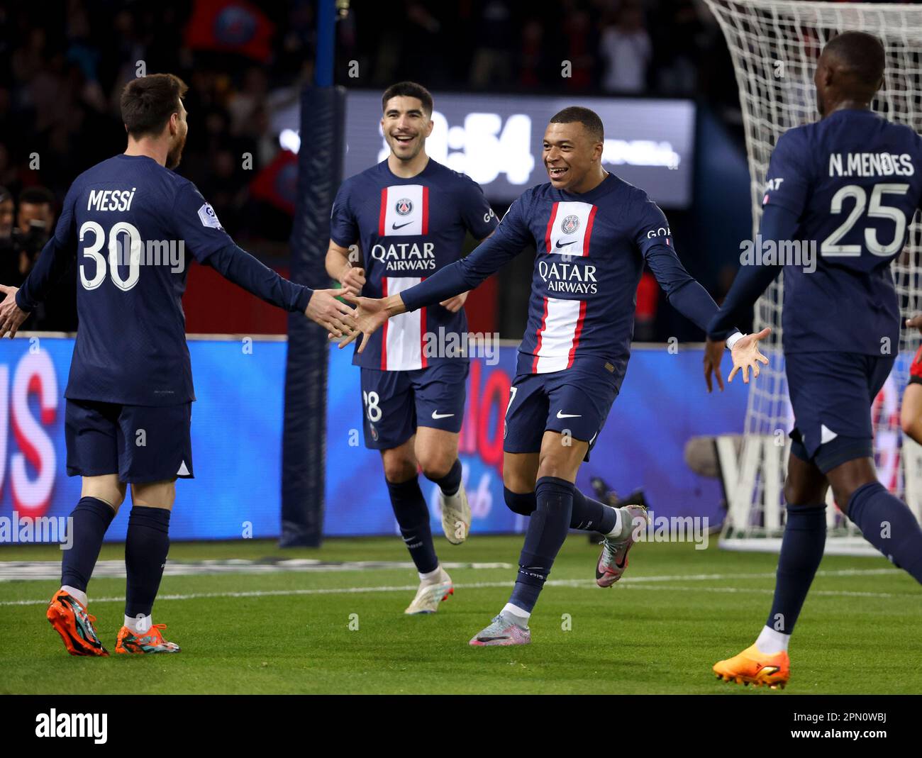 Paris, France. 15th Apr, 2023. Kylian Mbappe, Carlos Soler (center) of PSG celebrate the goal of ...
