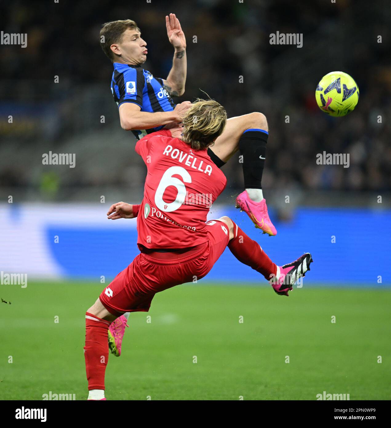 Milan, Italy. 15th Apr, 2023. FC Inter's Nicolo Barella (top) with ...
