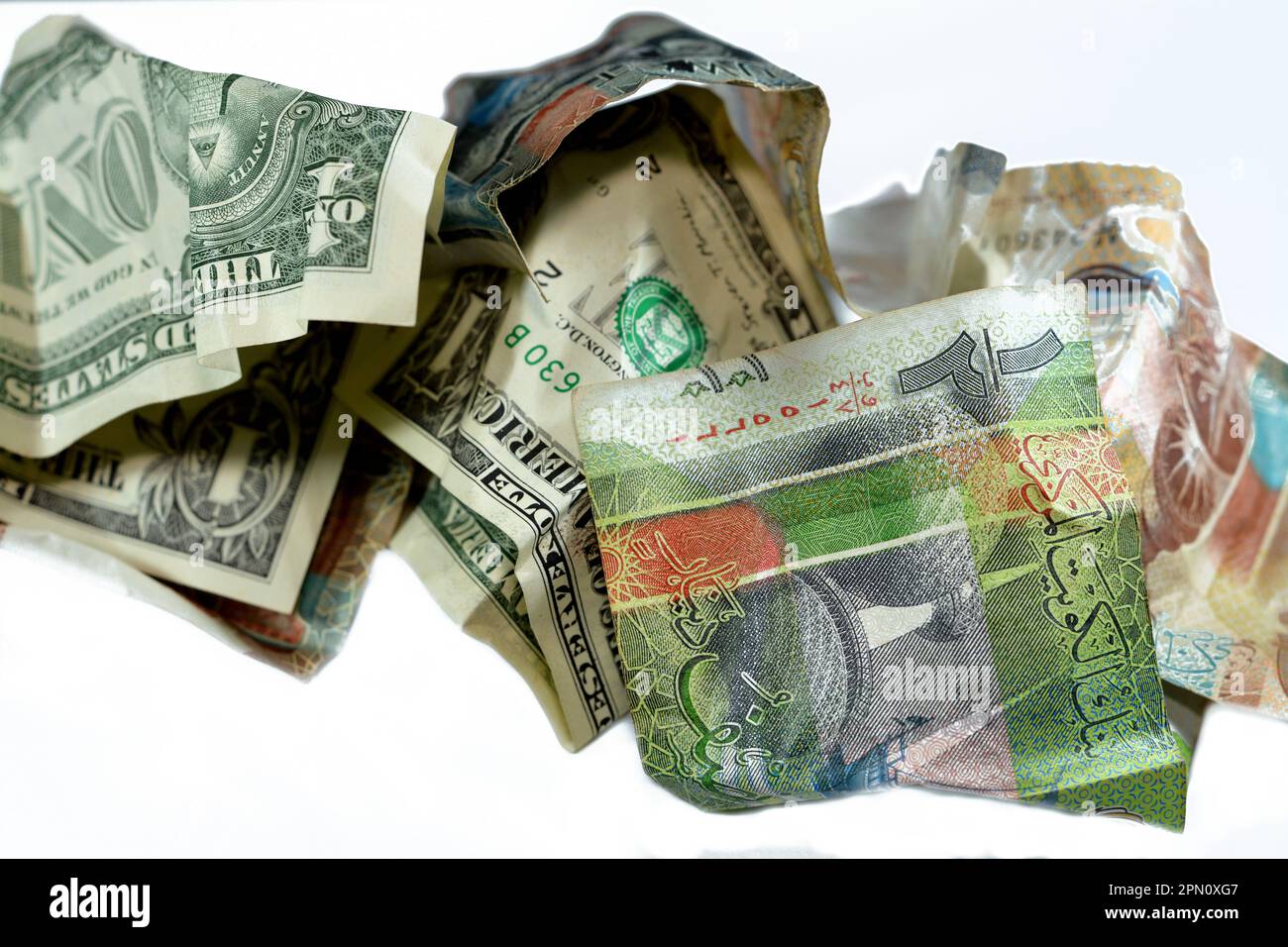 Wrinkled and crumpled Kuwaiti half, quarter and one KWD dinar bills ...