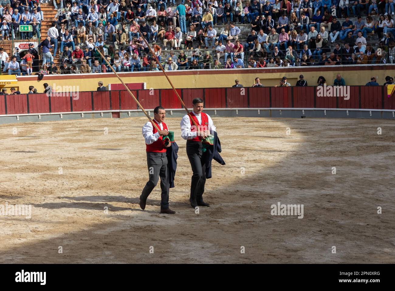 March 26, 2023 Lisbon, Portugal: Tourada - forcado walk along the arena ...