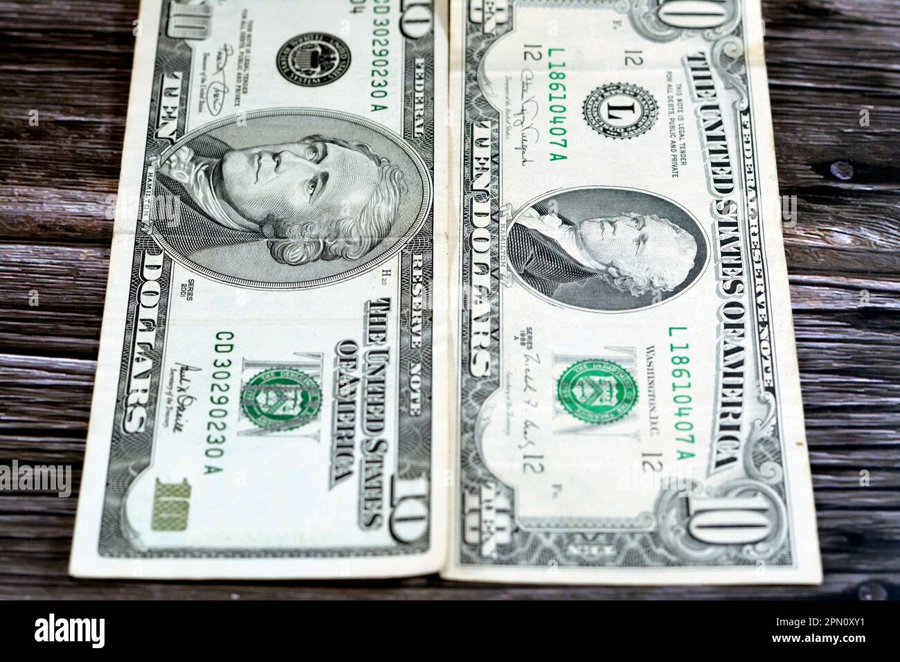 Old 10 $ ten American dollars bills banknote features the portrait of ...