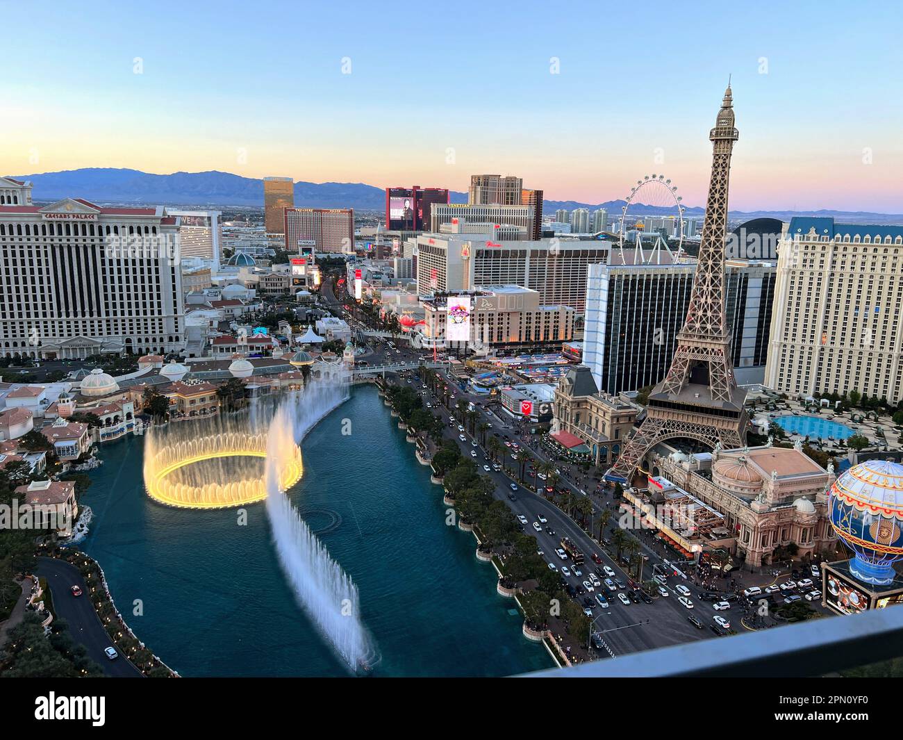 Las Vegas Nevada 04-05-2023 Aerial views of the famous Las Vegas Strip with the neon lights ...