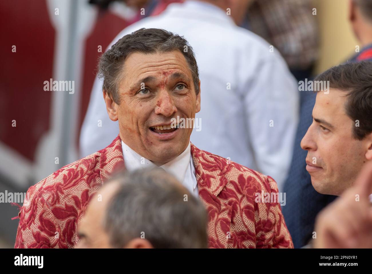 March 26, 2023 Lisbon, Portugal: Tourada - forcado with blood on his ...