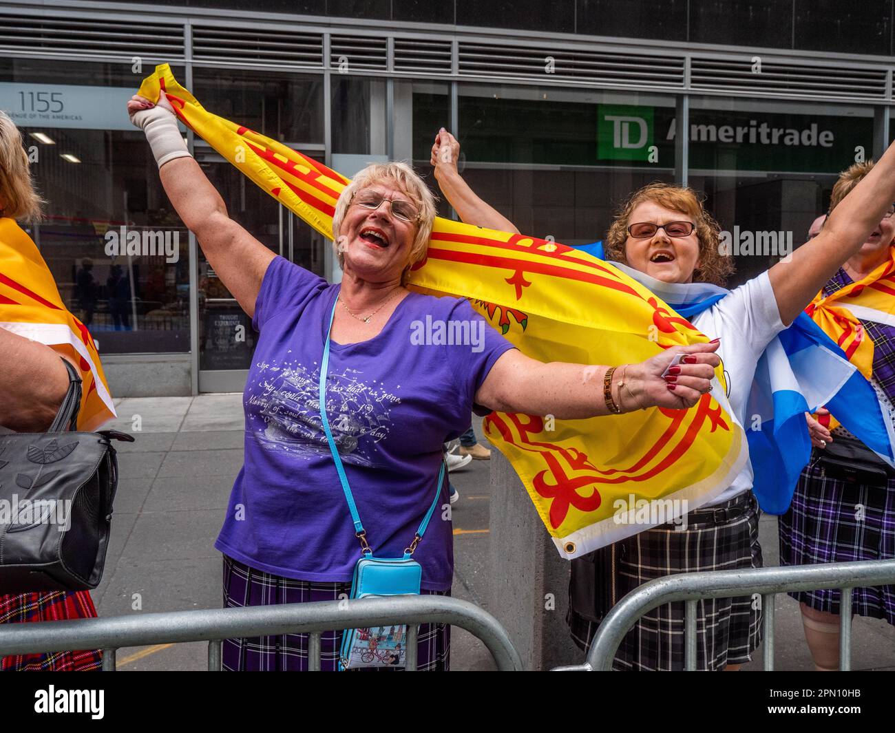 New York, New York, USA. 15th Apr, 2023. Women tourists from Scotland showing their Scottish ...
