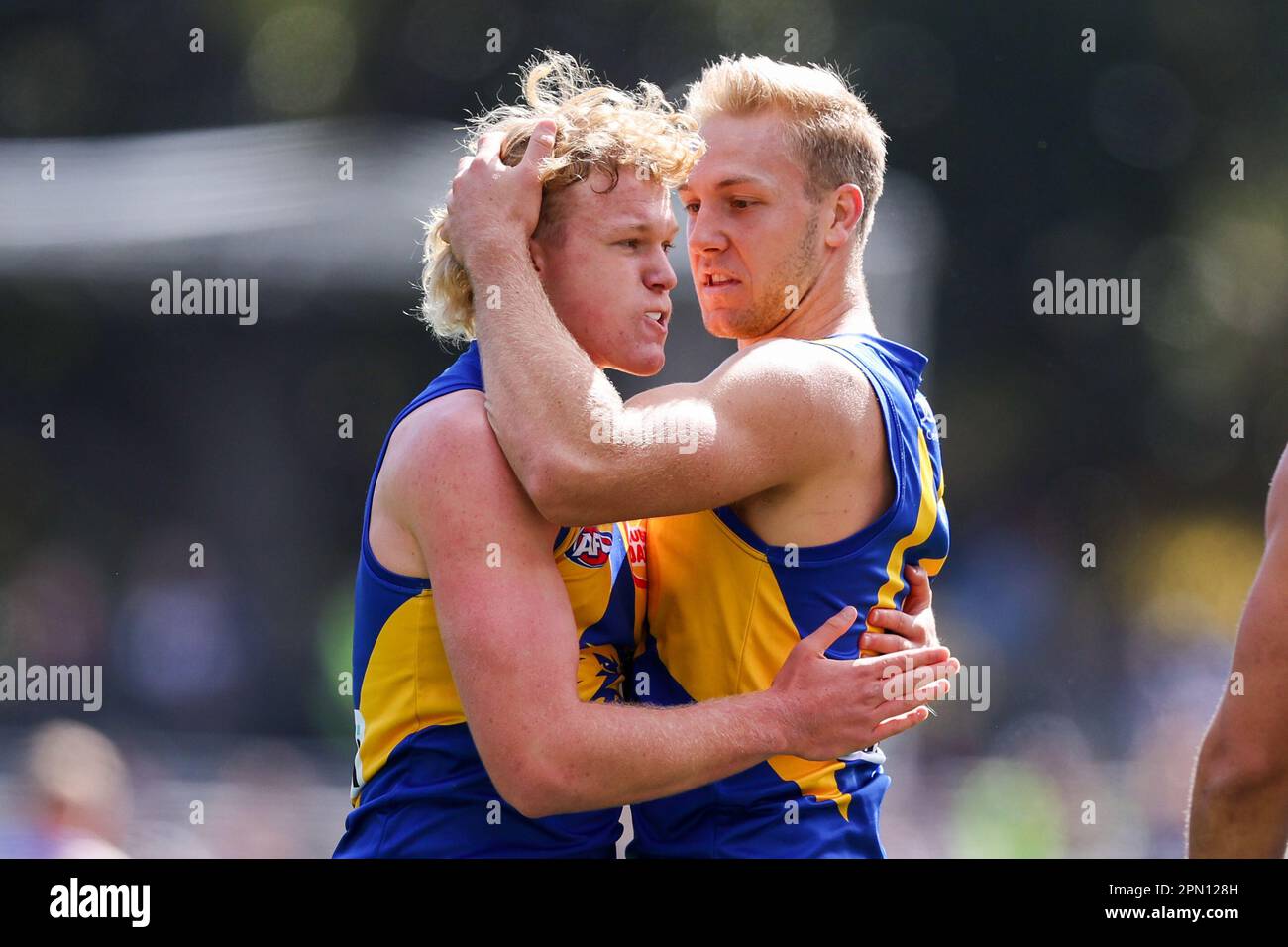 Oscar Allen of the Eagles celebrates a goal with team mate Reuben ...