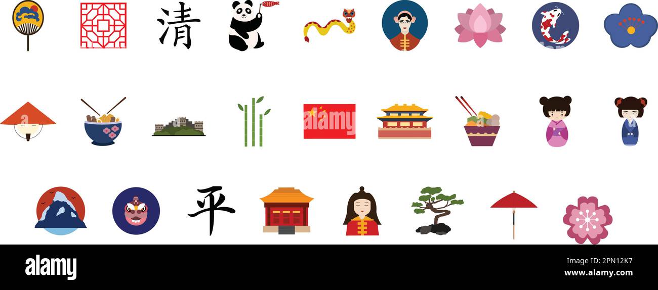 Traditional chinese icon set. hand drawn vector illustration set in ...