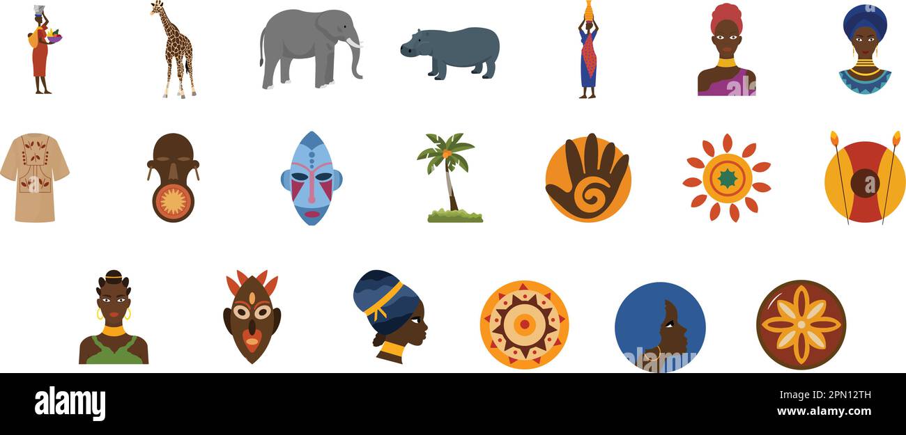 Set African stickers traditional hut with straw roof, baobab shield ...