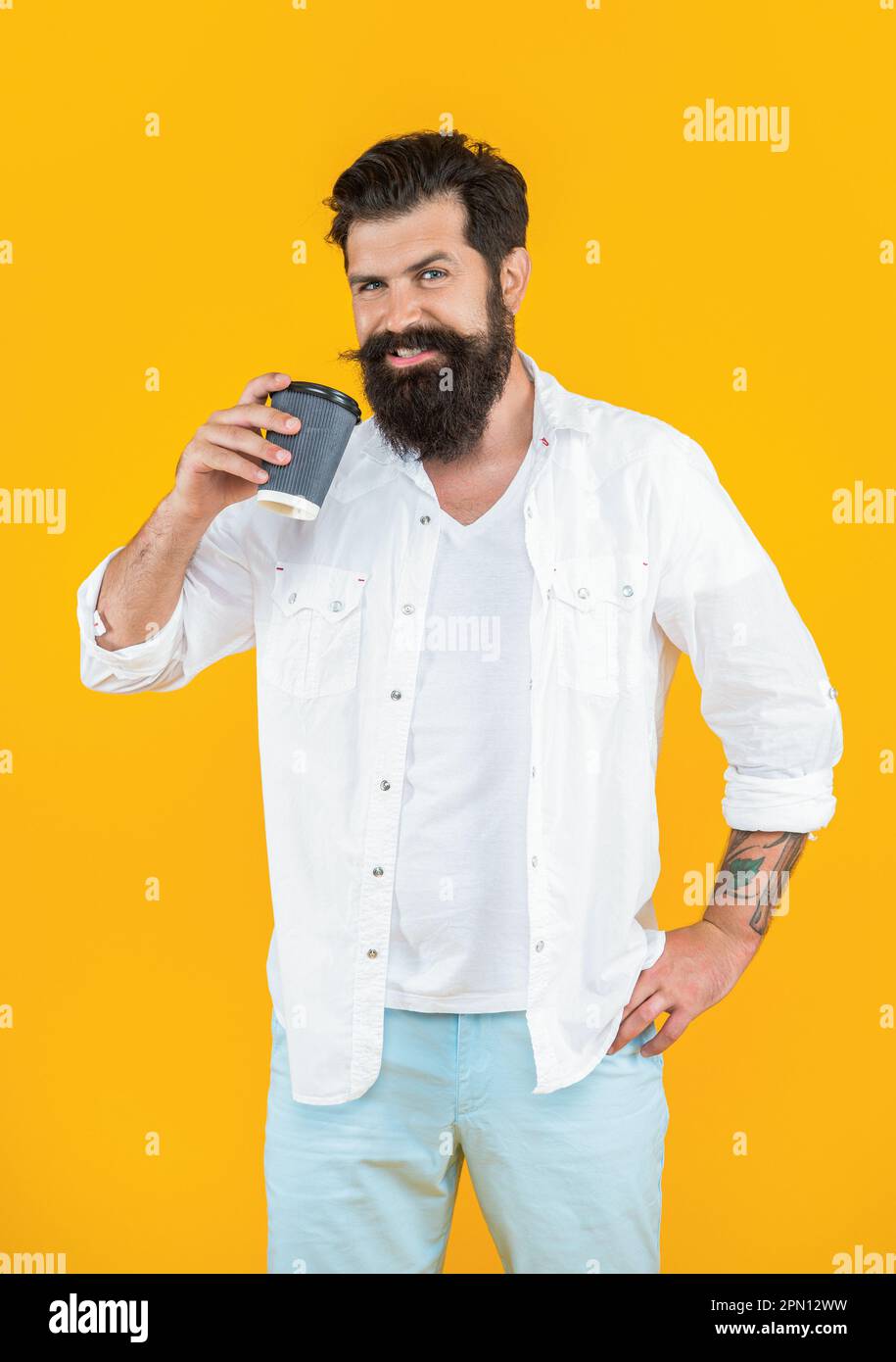 happy man with morning coffee in studio. photo of man with morning ...