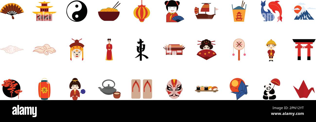 Traditional chinese icon set. hand drawn vector illustration set in ...