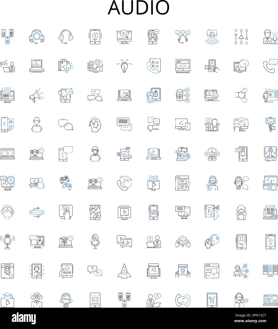 Audio outline icons collection. sound, music, speech, hearing, headphone, speaker, amplifier ...