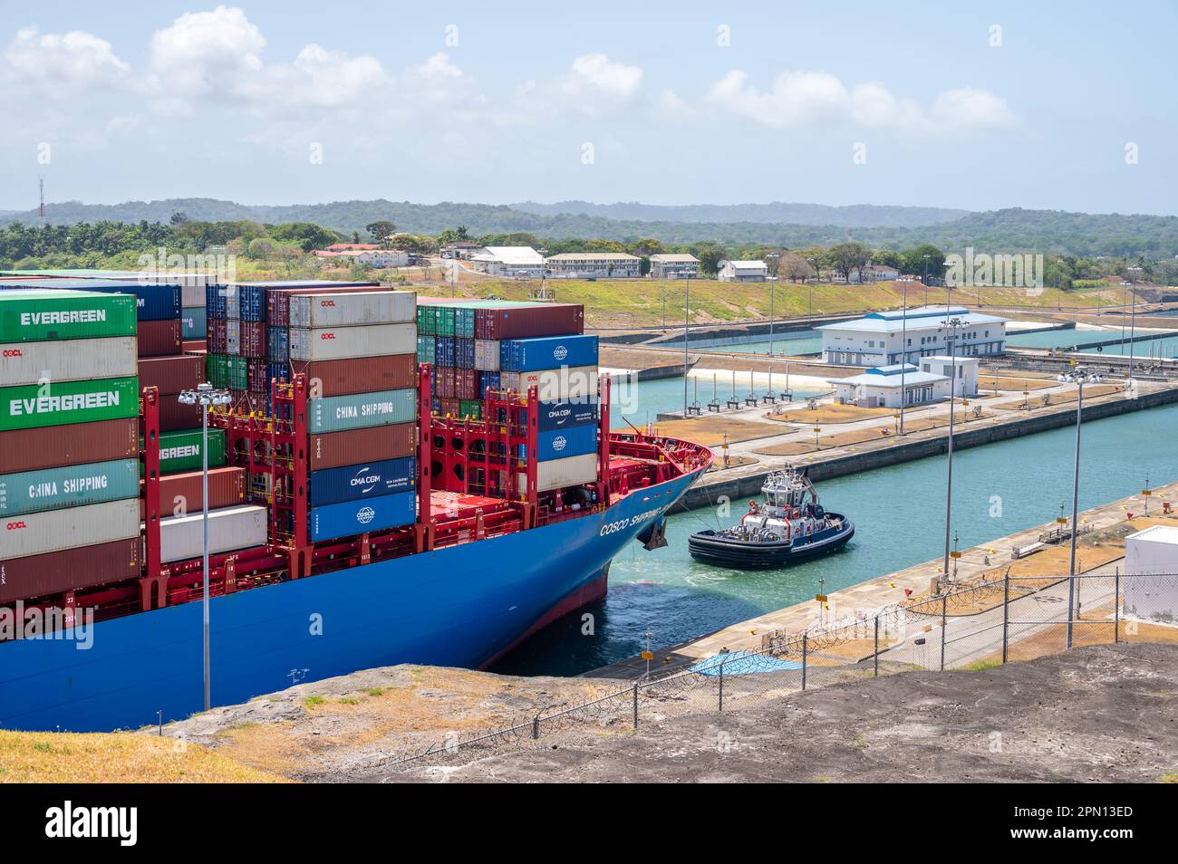 Colon, Panama - April 2, 2023: Views of a container ship at the Agua ...