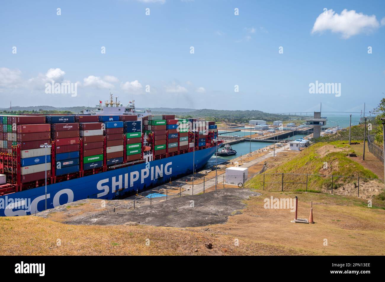 Colon, Panama - April 2, 2023: Views of a container ship at the Agua ...
