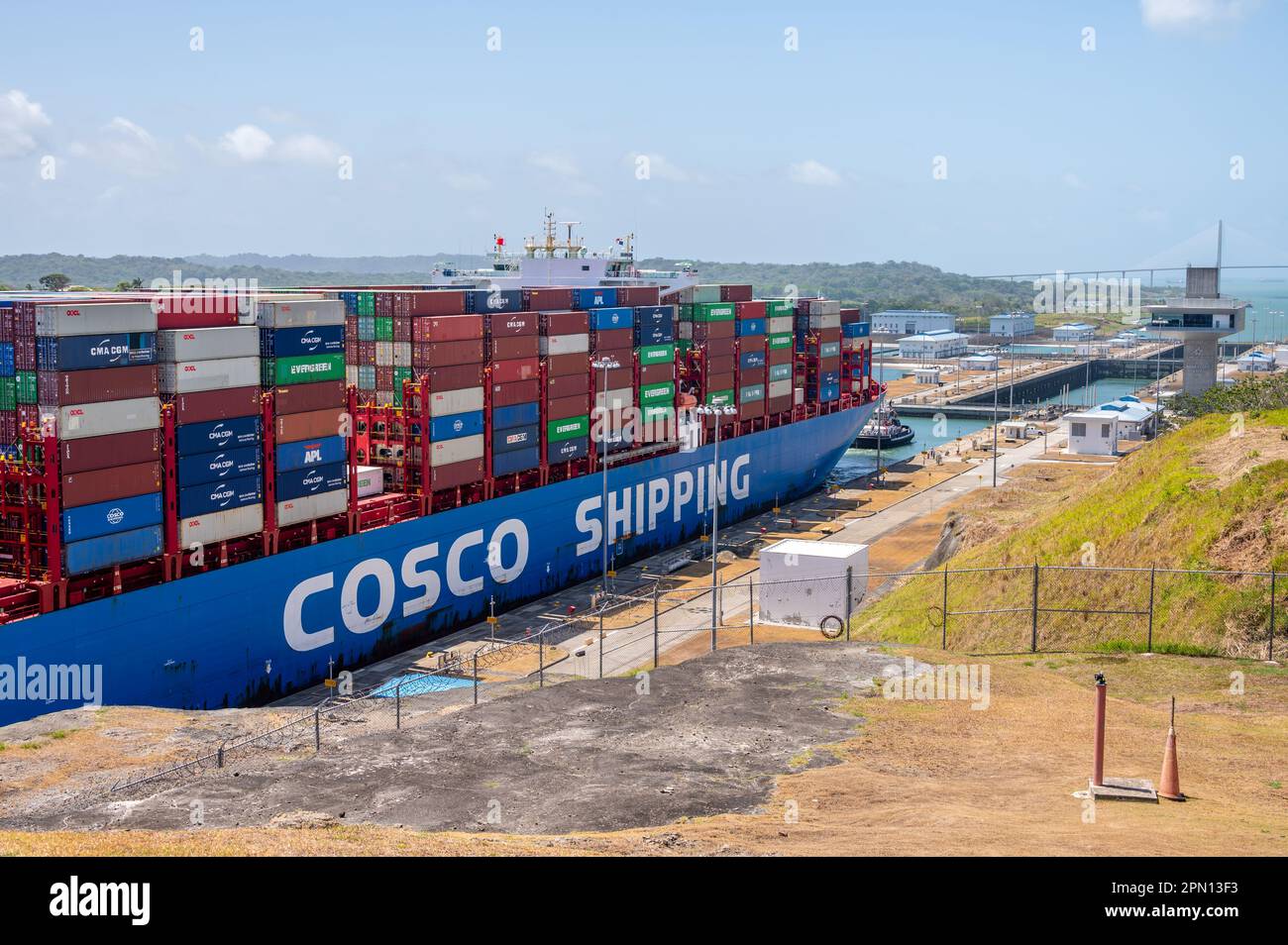 Colon, Panama - April 2, 2023: Views of a container ship at the Agua ...