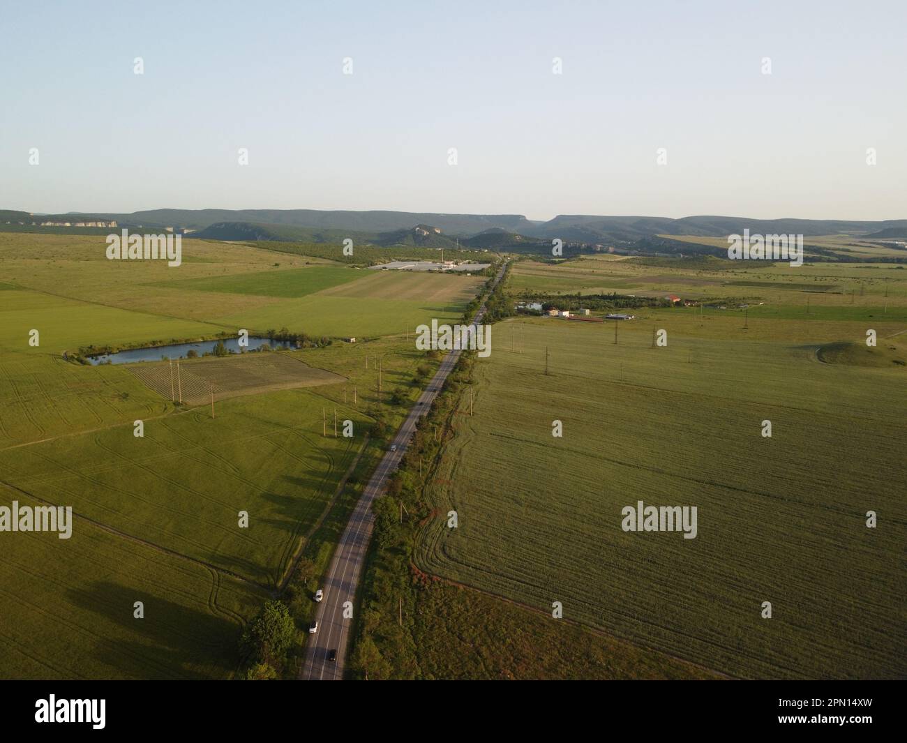 aerial view of a road cutting through a field of green wheat in the ...
