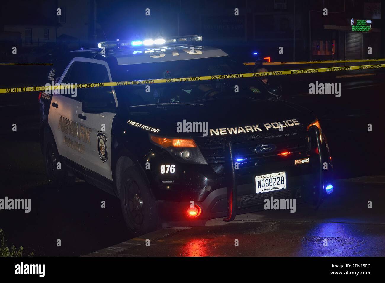 Newark, United States. 15th Apr, 2023. Police vehicle blocks the crime ...