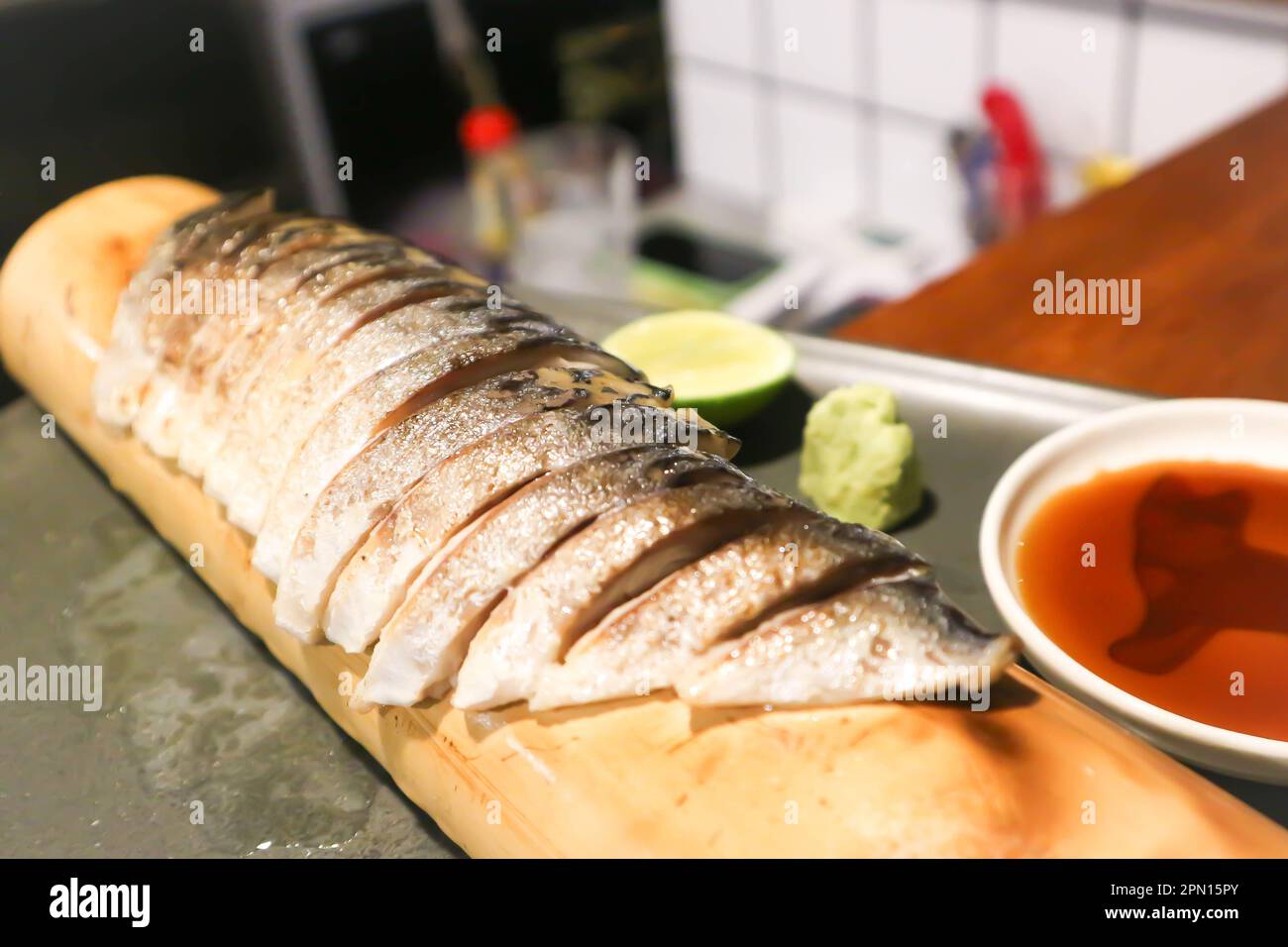 grilled blue mackerel, grilled fish or grilled saba with wasabi and ...